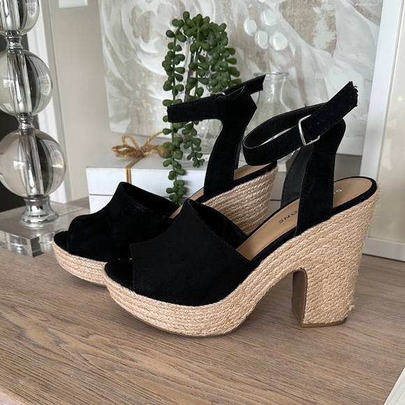 Sun + Stone | Shoes | Sun Stone Black And Tan Wedge Sandals With Chunky ...